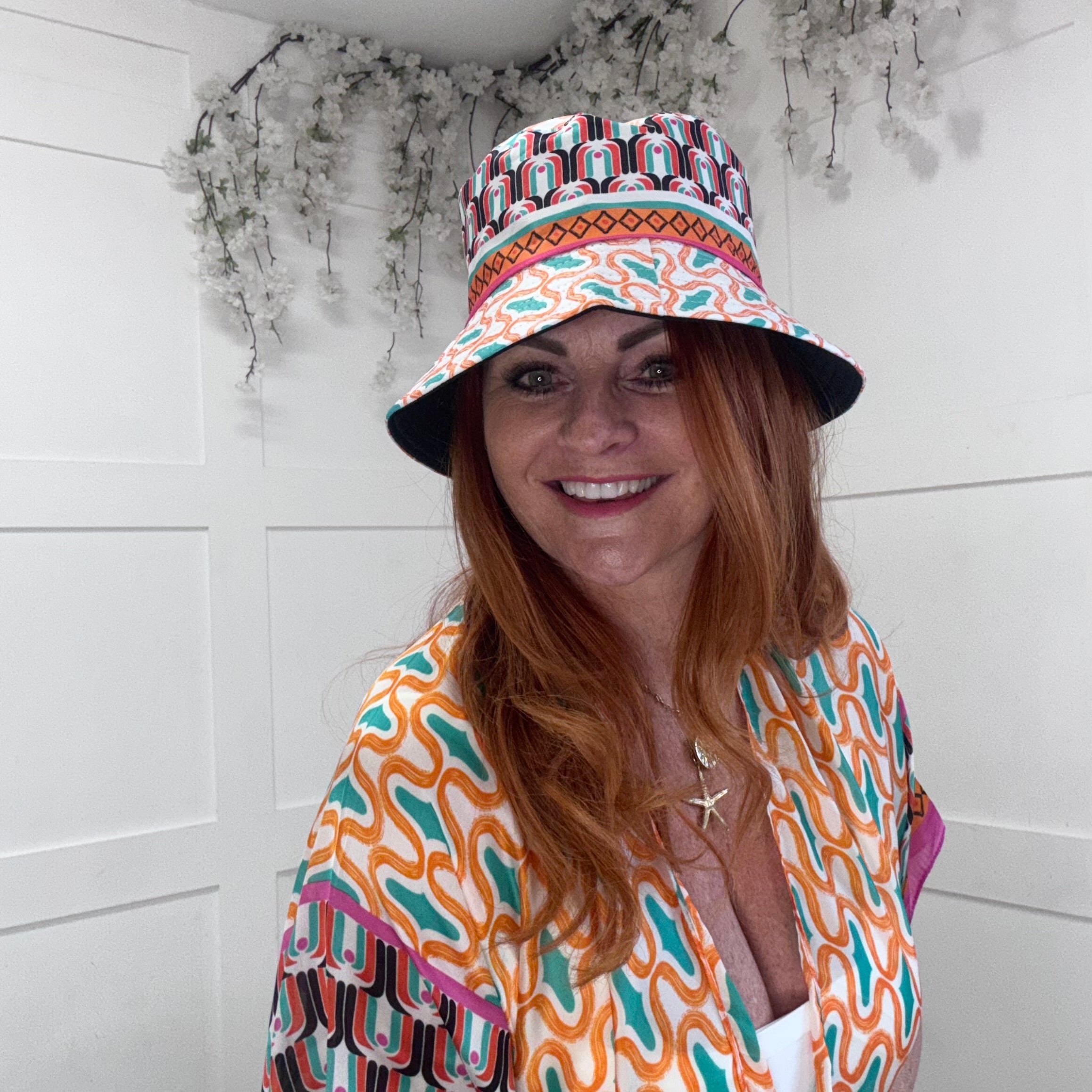 Cindy: Pink & orange silky kimono & hat set. Free size – Mulberry Moon Limited