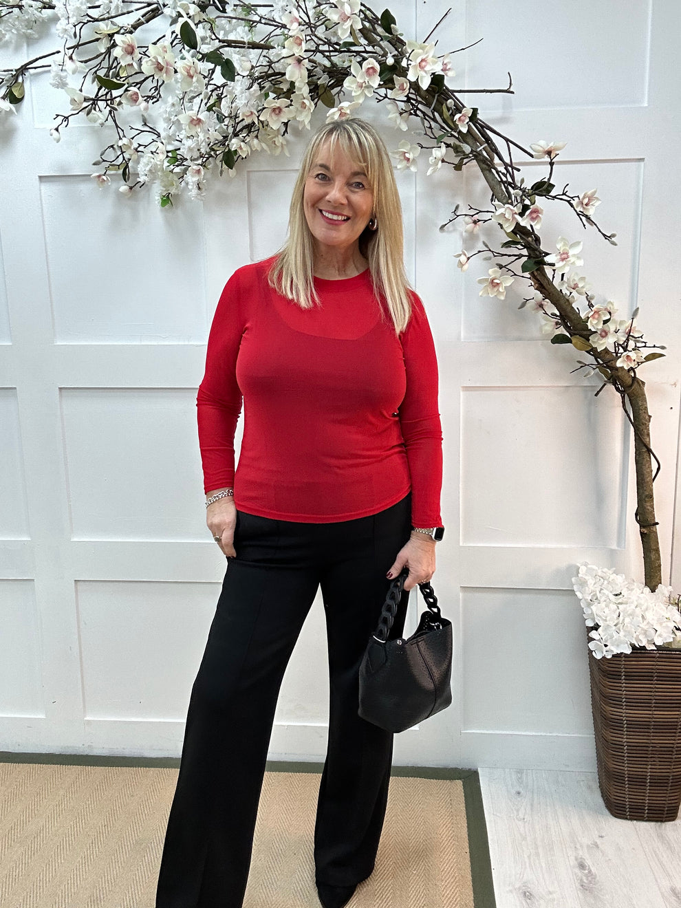 Romy: Red sheer mesh top. One Sz: 12-18 – Mulberry Moon Limited