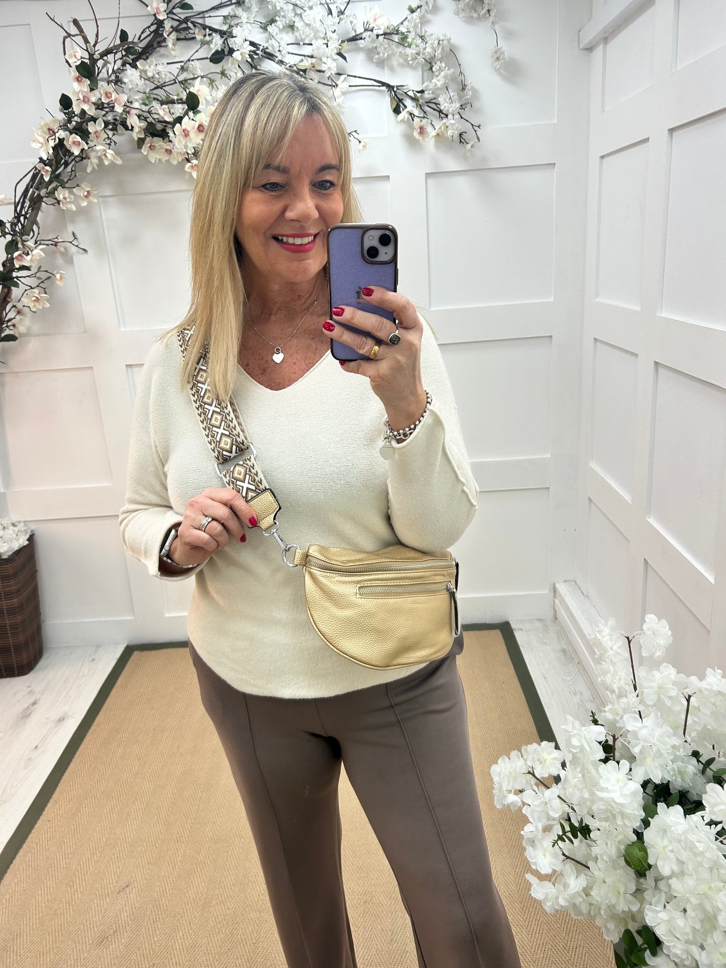 Betsy: Gold cross body sling bag with aztec print strap – Mulberry Moon ...