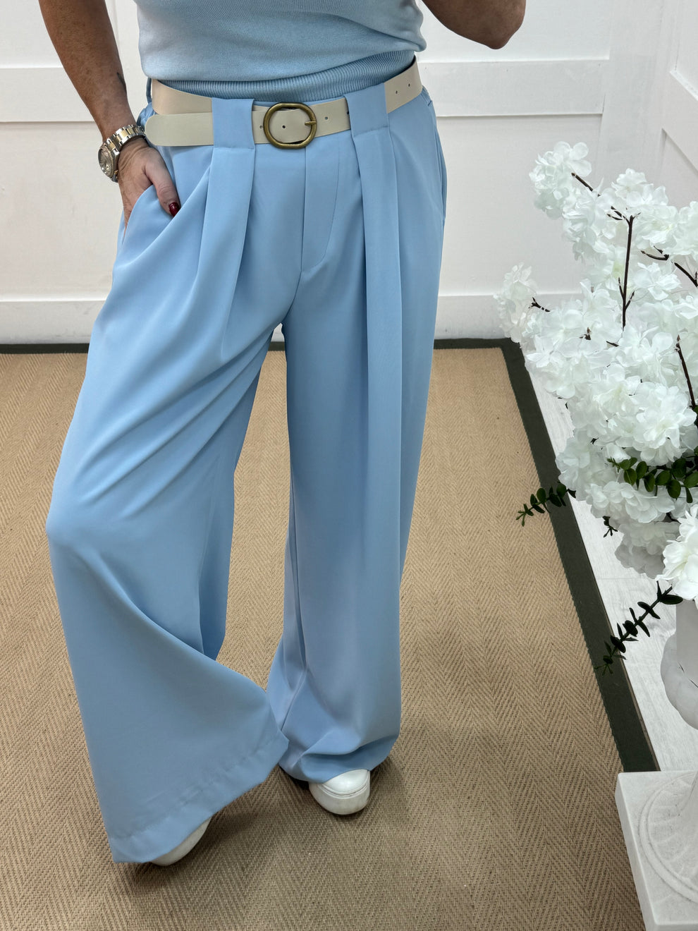 Trinity: Blue wide leg belted trousers. One size: 10-16 – Mulberry Moon Limited