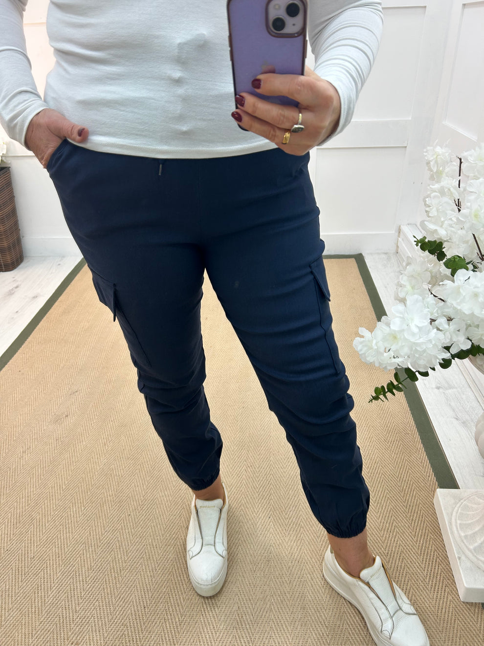 Charley: Navy cargo jogger trousers. Two sizes. – Mulberry Moon Limited