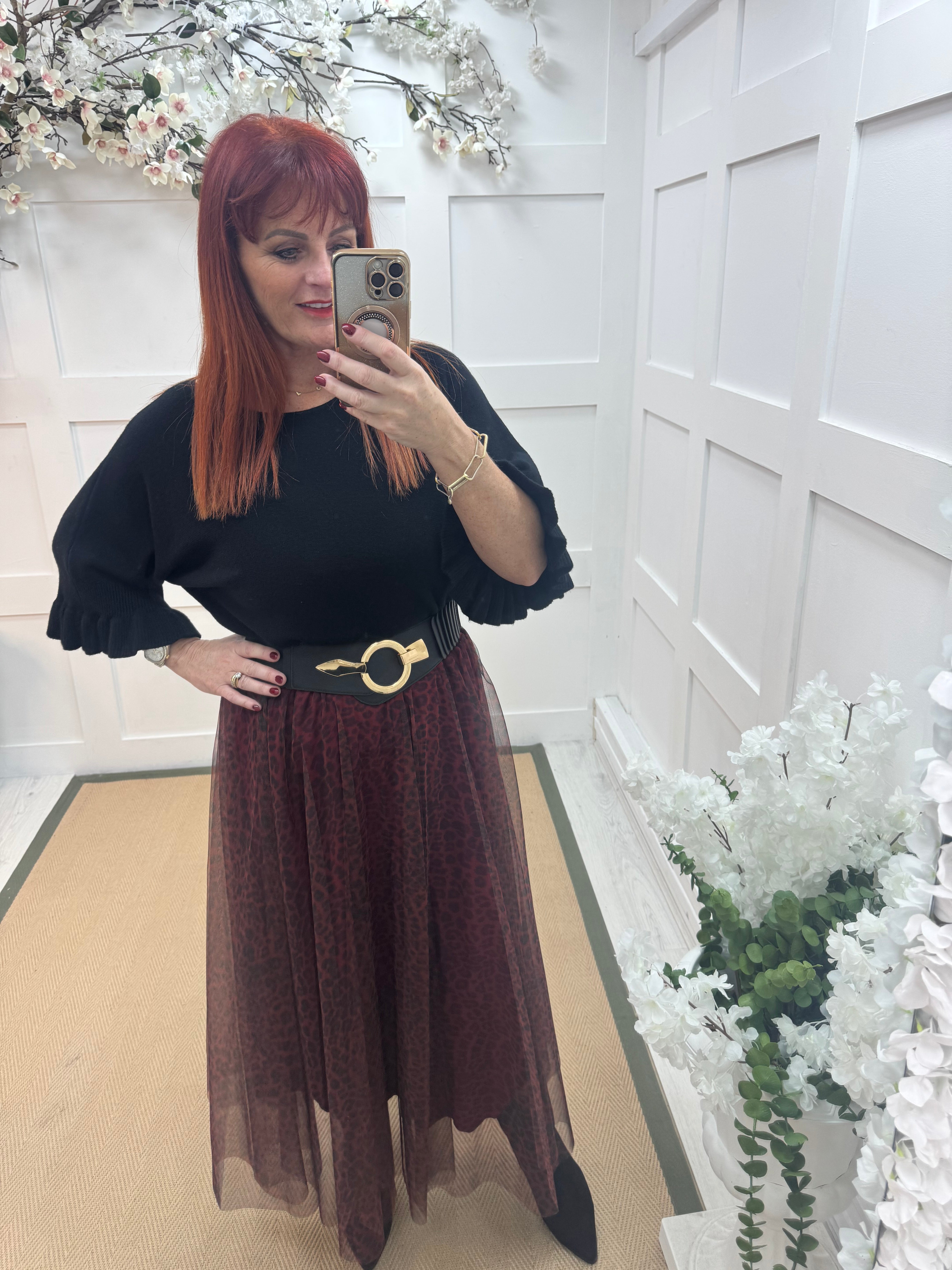 Sierra: Black batwing fluted sleeve knitted top. One Size 12-18/20 ...